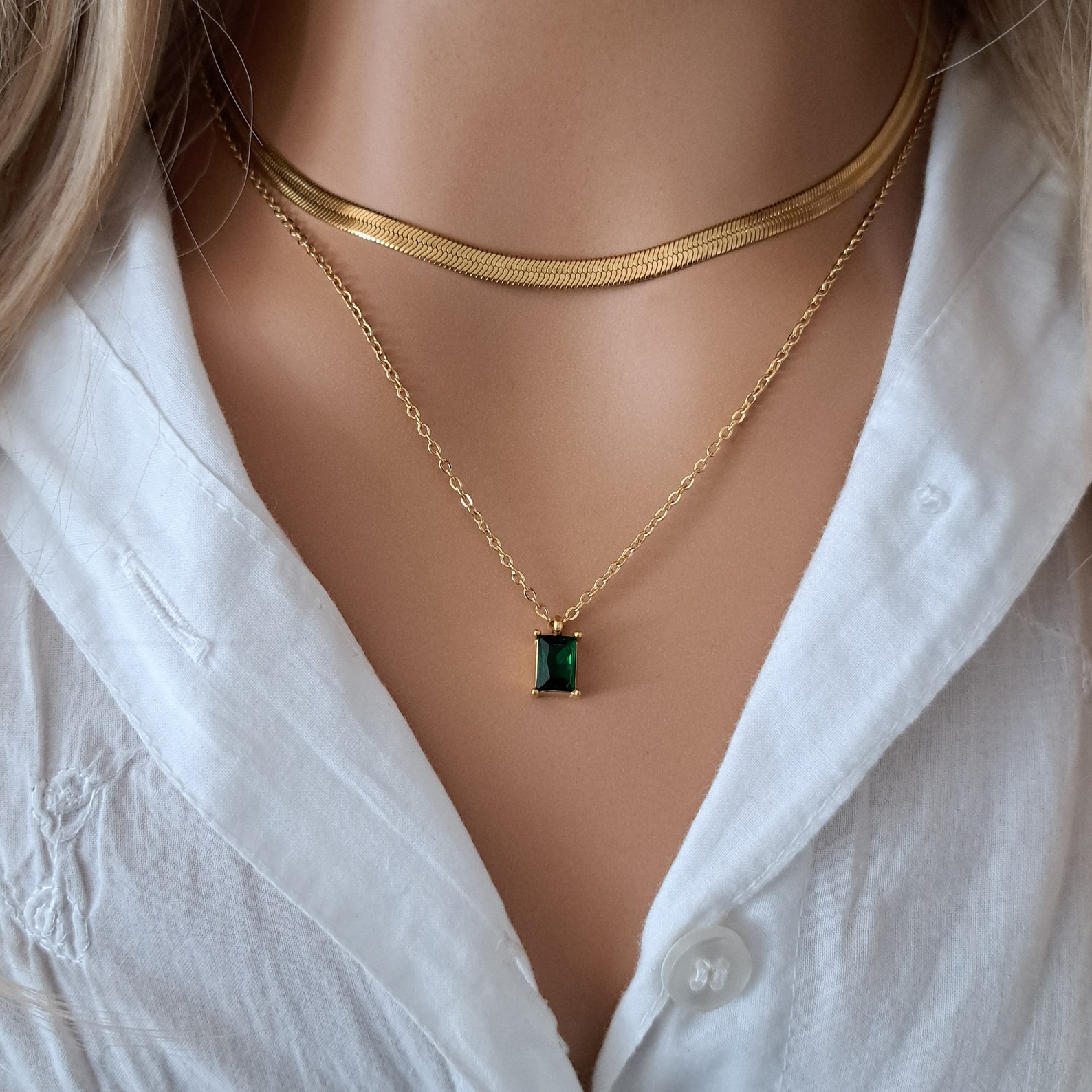 Emerald Gold Necklace, Green Crystal Rectangle Necklace, Gold Necklaces ...