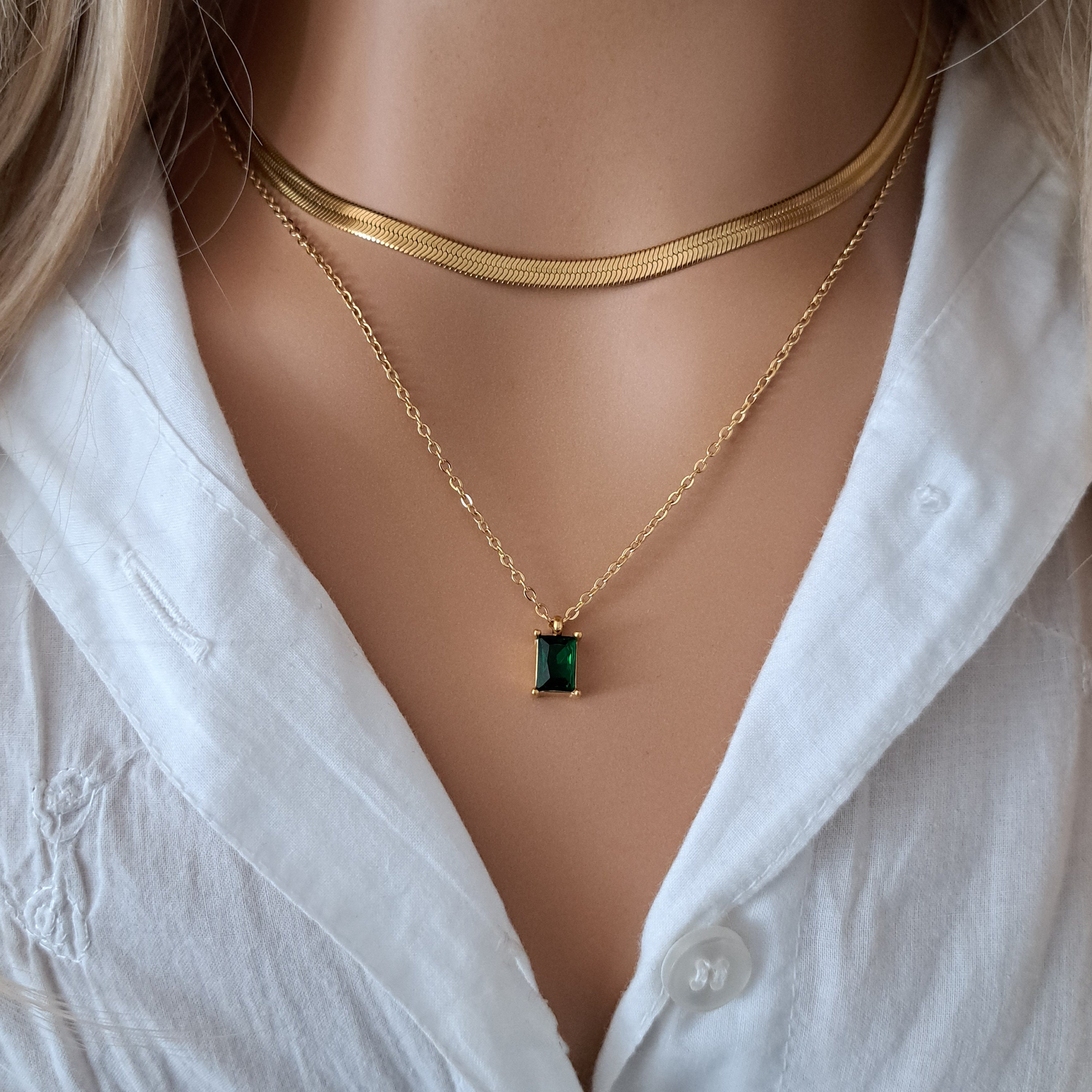 Emerald Gold Necklace, Green Crystal Rectangle Necklace, Gold Necklaces ...