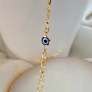 18K Gold Filled Evil Eye Bracelet, Figaro Link Chain Evil Eye Bracelet ...