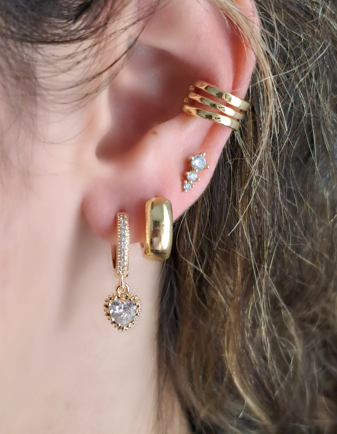 Heart Gold Earrings, Dangle Hoop Earrings, Diamond Heart Earrings ...