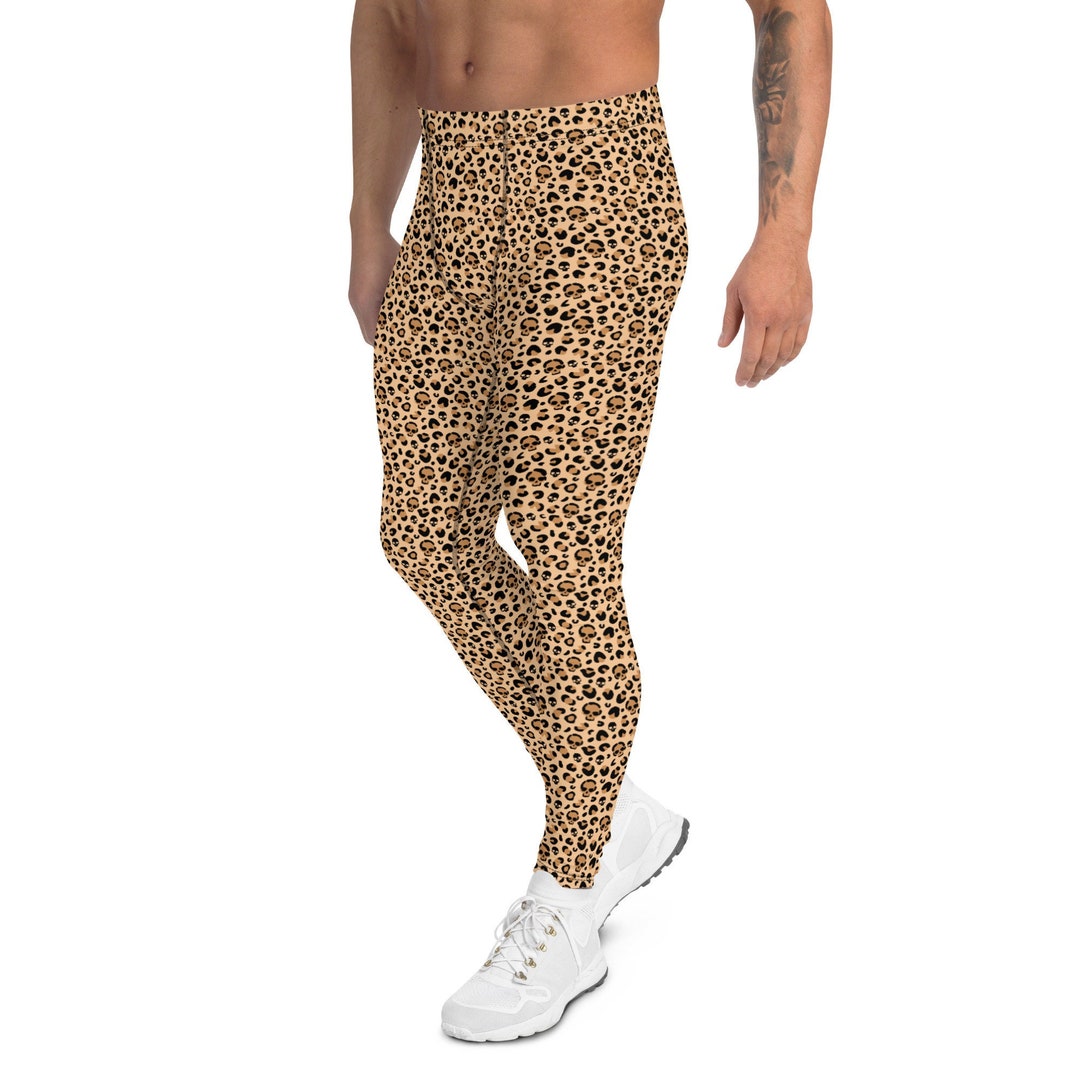 Skull Leopard Print Men's Leggings, Gothic Animal Print Gym Pants for ...