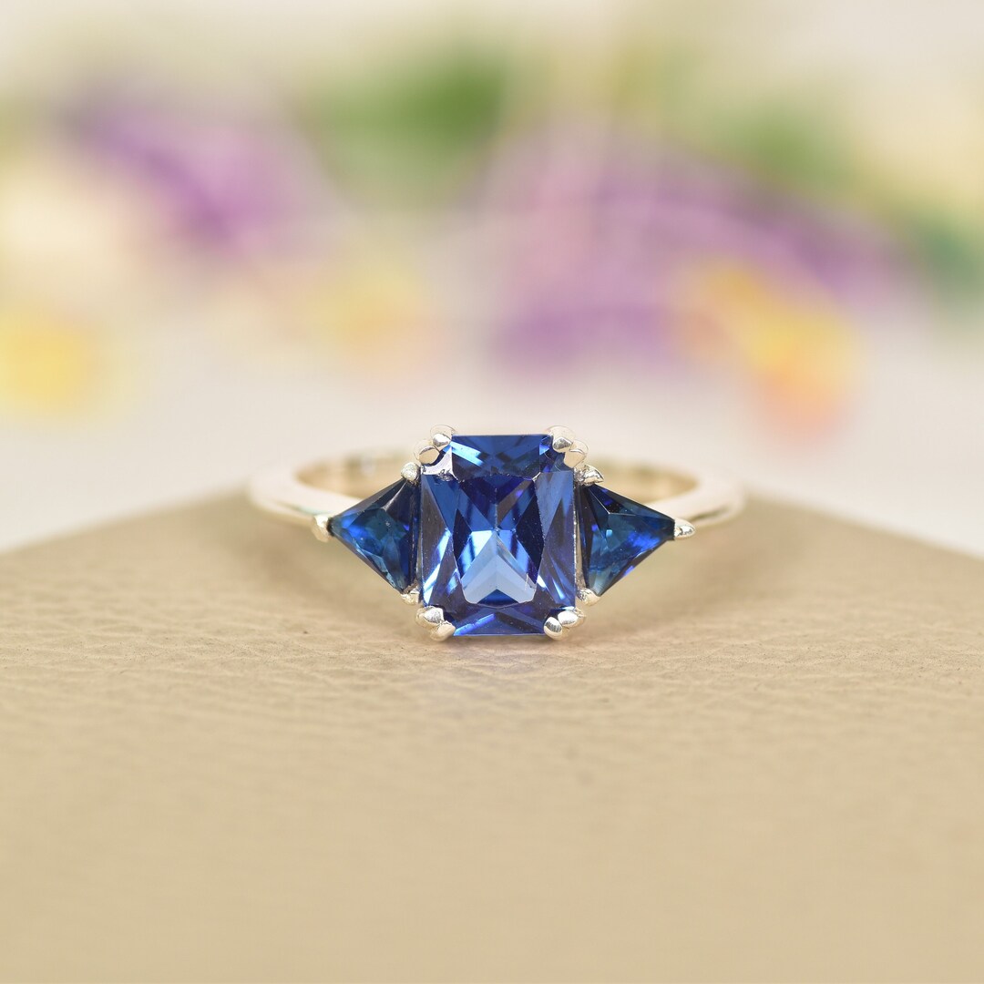 Three Stone Emerald Cut Sapphire Engagement Ring, Cluster Sapphire Ring ...