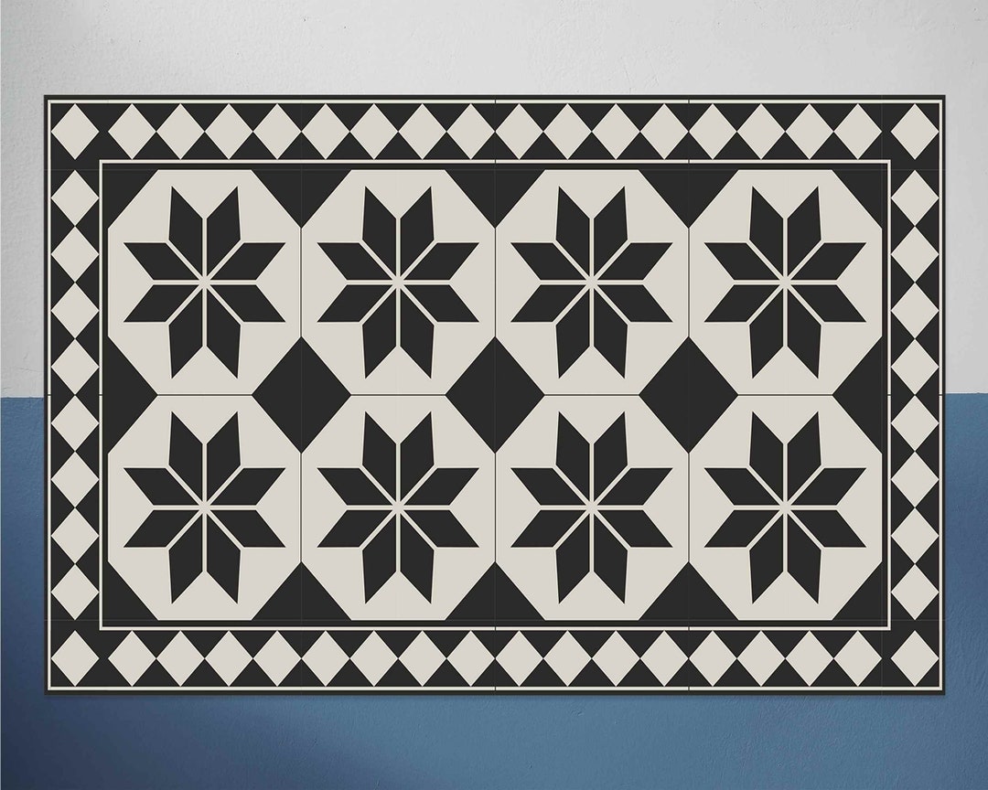 Black and Gray Geometric Stars Pattern Vinyl Mat, Tile Vinyl Floor Mat ...