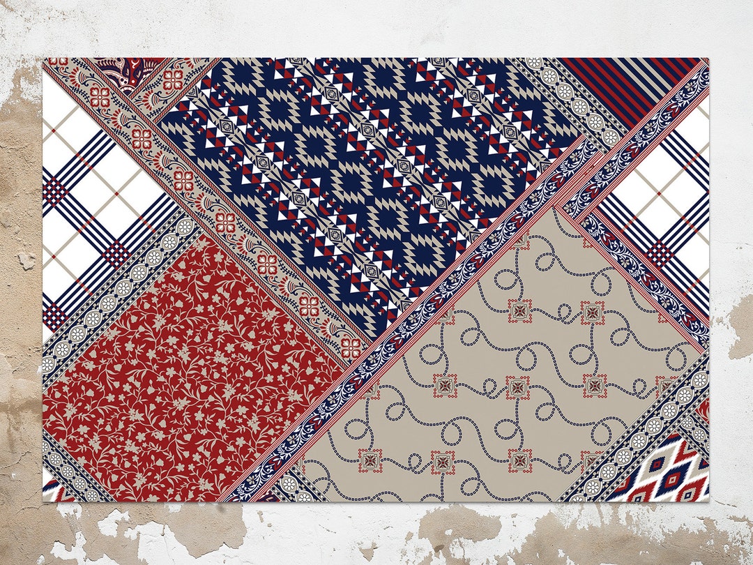 Navy Patchwork Vinyl Mat, Navy Linoleum Rug, Red Vinyl Floor Mat ...