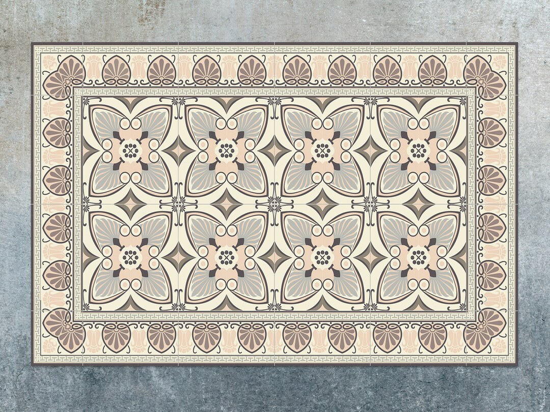 Flowers in the Beige Vinyl Mat, Beige Vinyl Floor Mat, Gray Vinyl Rug ...