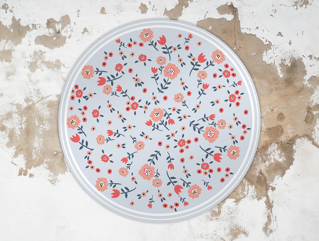 Cottage Vinyl Floor Mat, Round Vinyl Mat, Flowery Vinyl Mat, Blue and ...