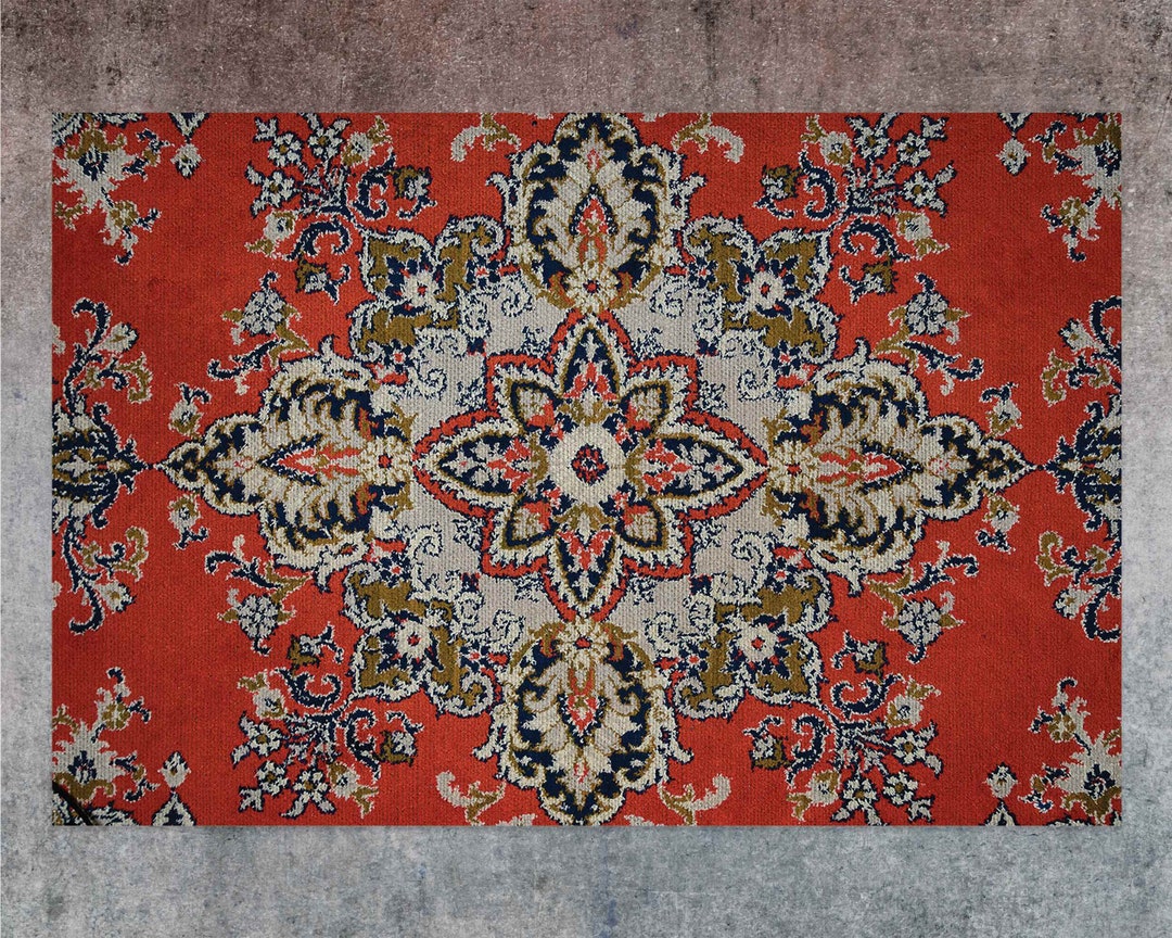 Floral and Ornamental Red Vinyl Mat, Retro Vinyl Floor Mat, Red and ...