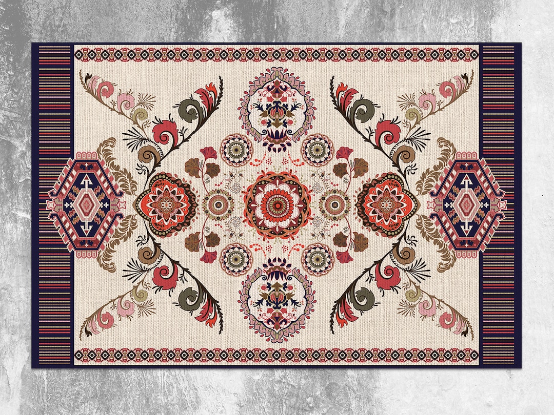 Slaviac Folk Carpet Vinyl Mat, Beige Vinyl Floor Mat, Orange Vinyl Rug ...