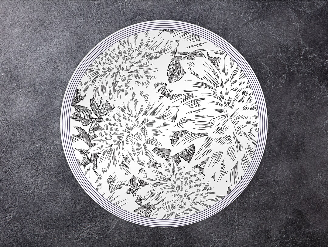 Contour Vinyl Mat, Round Vinyl Mat, Flowery Round Rug, Black and White ...
