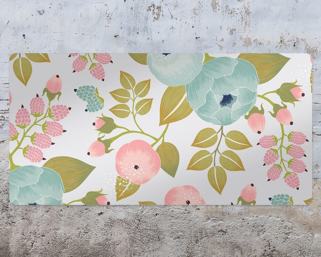 Simple Spring Flowers Desk Pad, Pink Desk Blotter, Blue Keyboard Mat ...