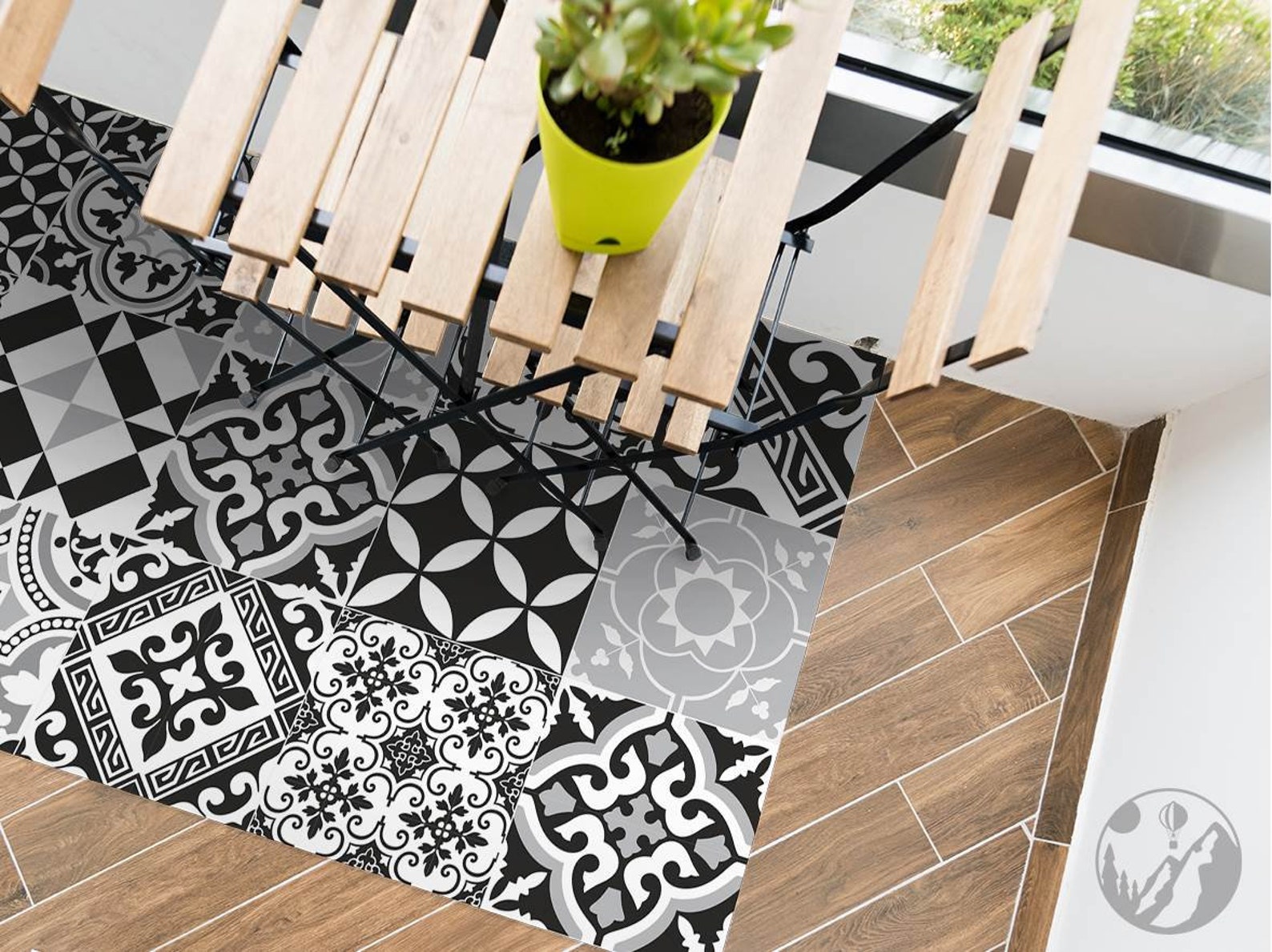 Black and White Mosaic Tiles Vinyl Mat, Patchwork Vinyl Mat, Black and ...