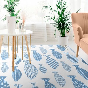 Patterned Flat Blue Fish Vinyl Mat, Blue Linoleum Rug, White Vinyl ...