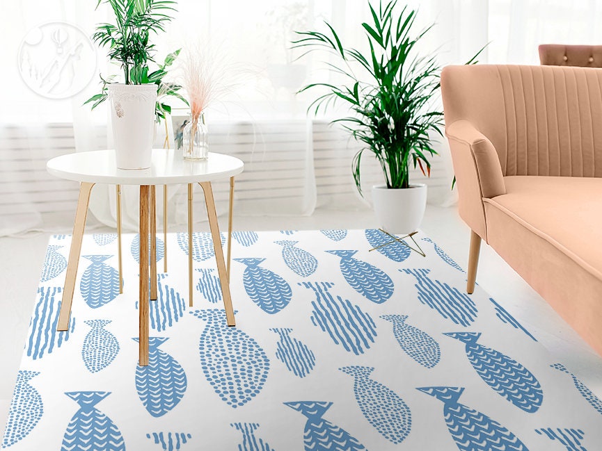 Patterned Flat Blue Fish Vinyl Mat, Blue Linoleum Rug, White Vinyl ...