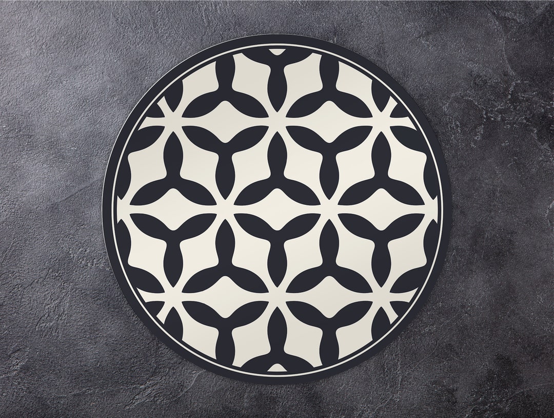 Concave Vinyl Mat, Round Vinyl Mat, Geometric Round Rug, Black and Gray ...