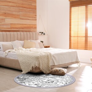 Contour Vinyl Mat, Round Vinyl Mat, Flowery Round Rug, Black and White ...