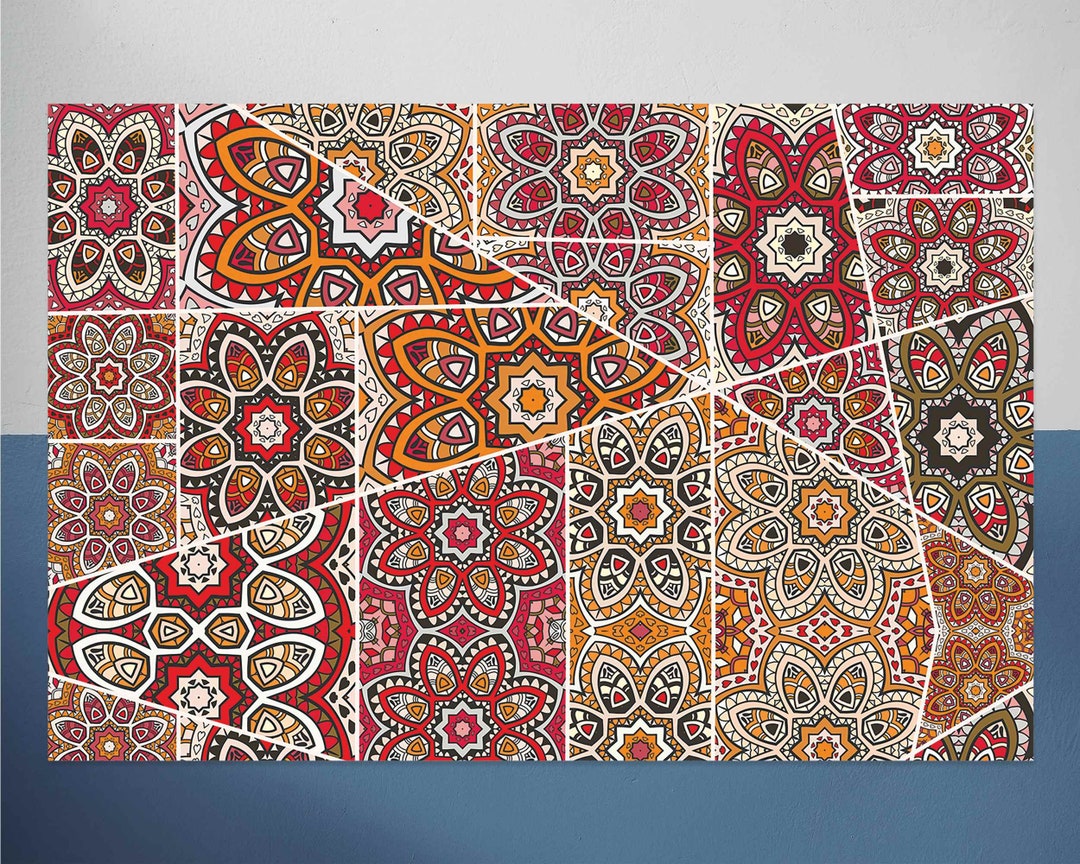 Multicolored Broken Glass Pattern Vinyl Mat, Eclectic Vinyl Mat, Red ...