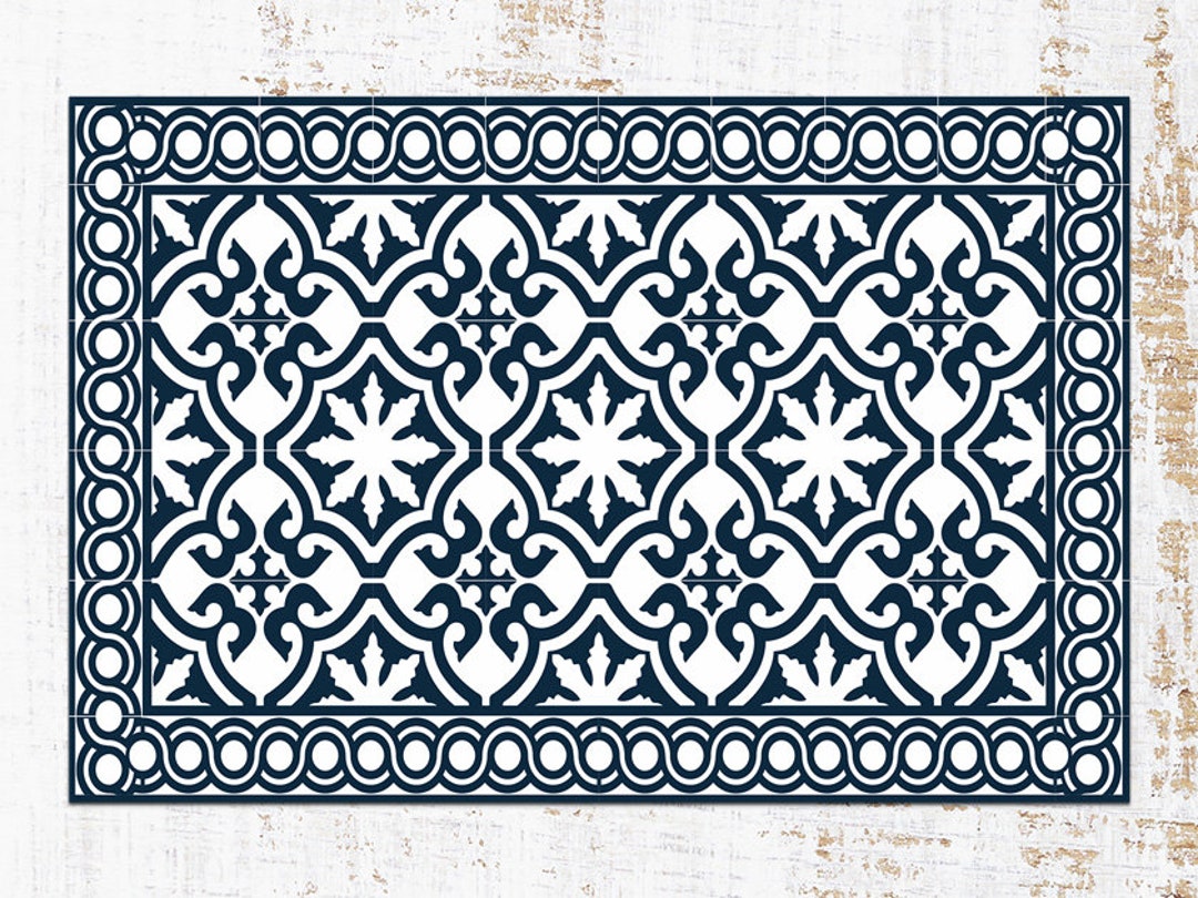 Moroccan Old Navy Blue Vinyl Mat, Navy Vinyl Rug, White Linoleum Rug ...