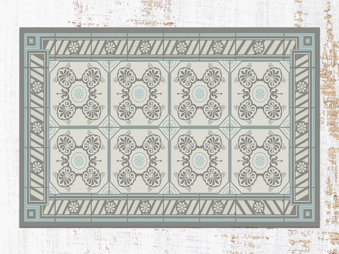 Retro Pastel Rug Vinyl Mat, Blue Vinyl Floor Mat, Beige Vinyl Rug ...
