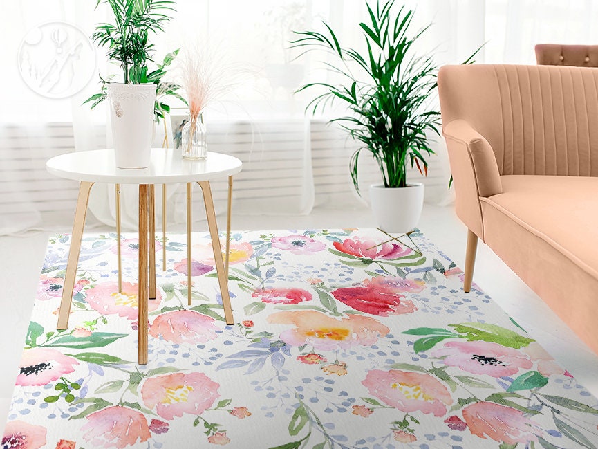 Watercolor Flower Spring Meadow Vinyl Mat Orange Vinyl Rug | Etsy