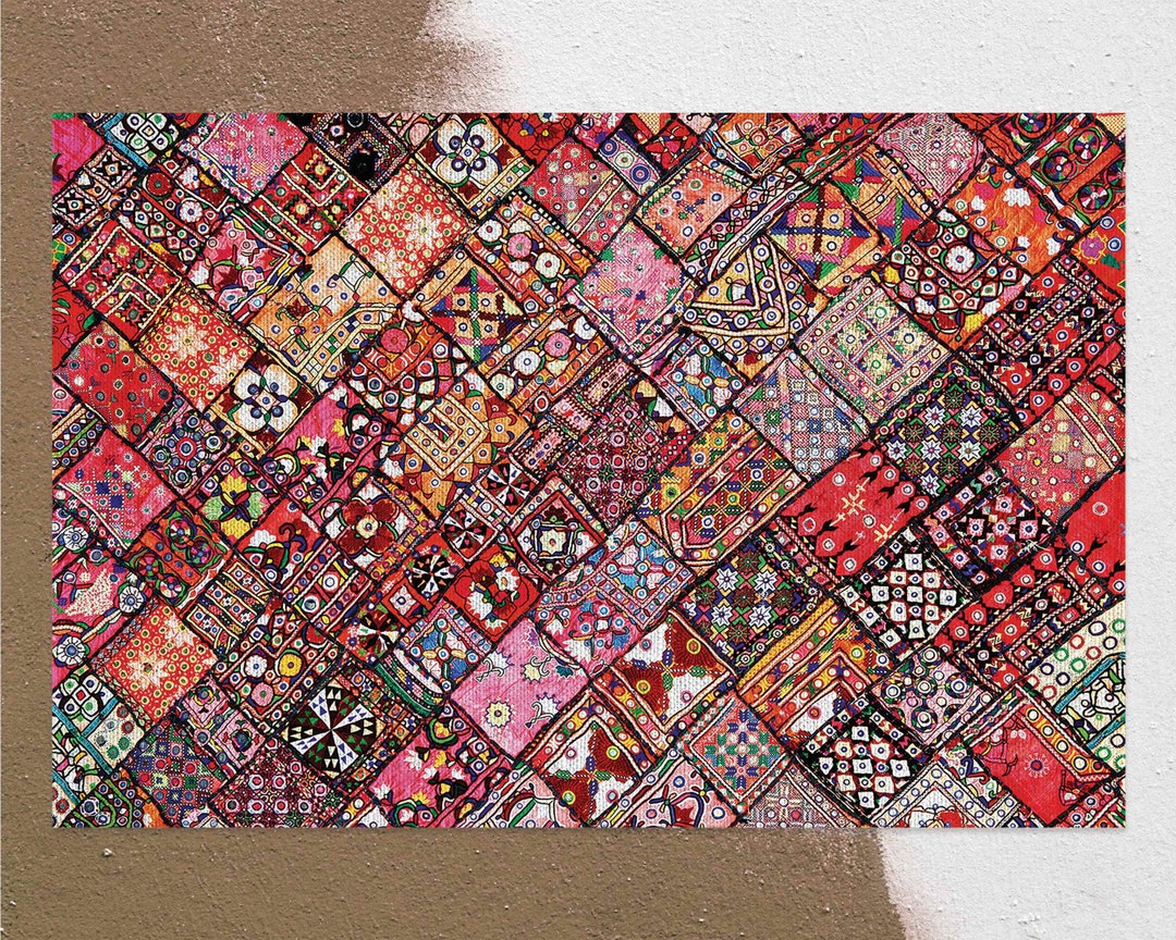 Colored Patchwork Pattern Vinyl Floor Mat, Eclectic Vinyl Rug, Purple ...