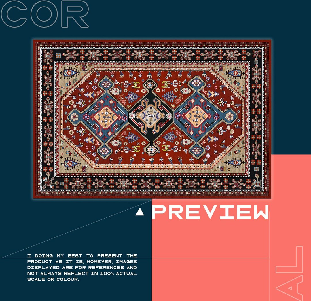 Red Pattern in A Dark Frame Vinyl Rug, Retro Vinyl Floor Mat, Red and ...