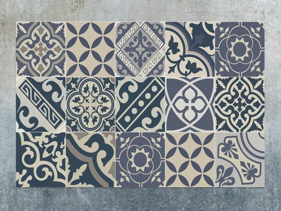 Eclectic Gothic Blue Vinyl Mat Blue Vinyl Rug Beige Linoleum - Etsy