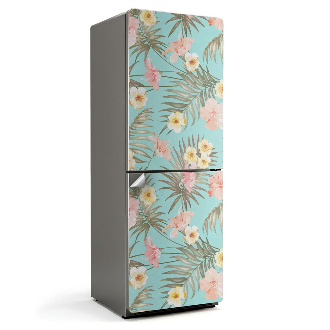 Tropical Flower Pattern Refrigerator Wrap, Turquoise Fridge Sticker ...