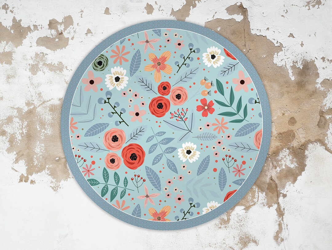 Summer Vinyl Floor Mat, Round Vinyl Mat, Flowery Vinyl Mat, Blue and ...