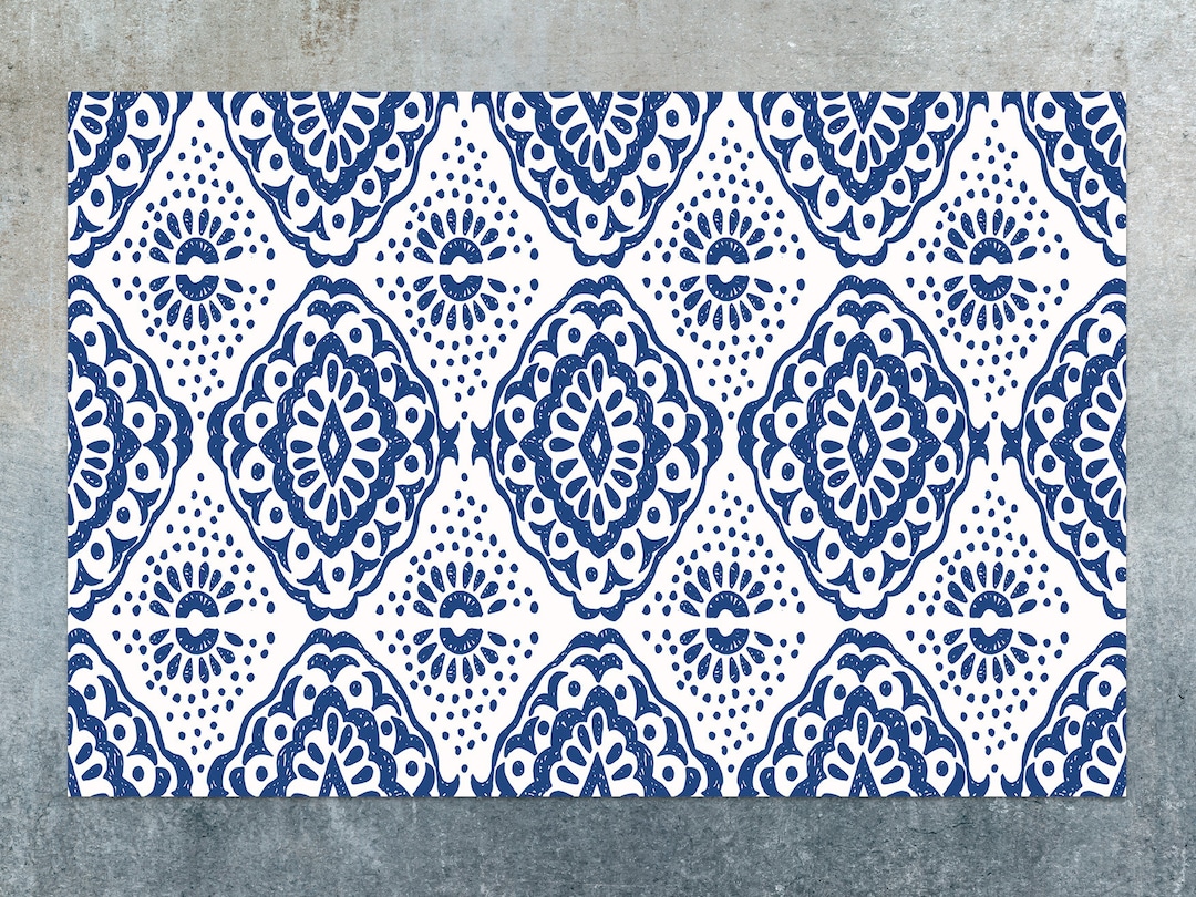 Blue Napkin Vinyl Mat, Blue Vinyl Floor Mat, White Vinyl Rug, Ornament ...