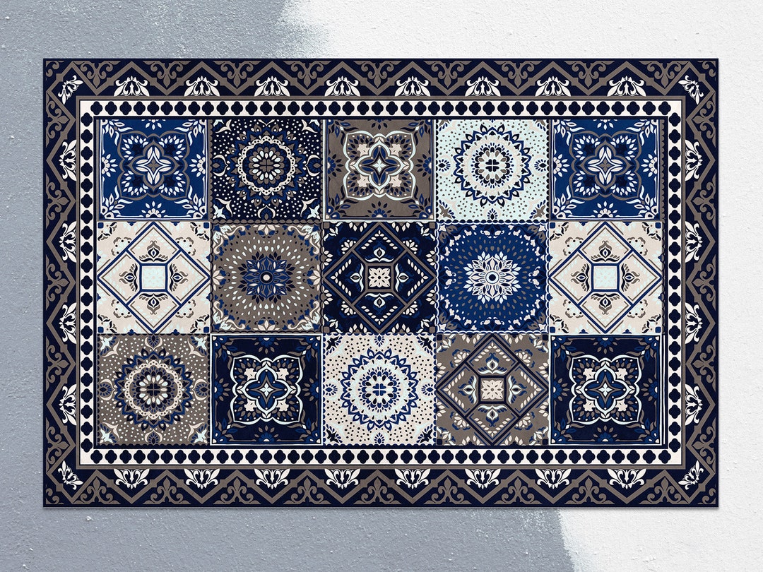 Retro Tiles Navy Blue Vinyl Mat, Black Linoleum Rug, Blue Vinyl Floor ...