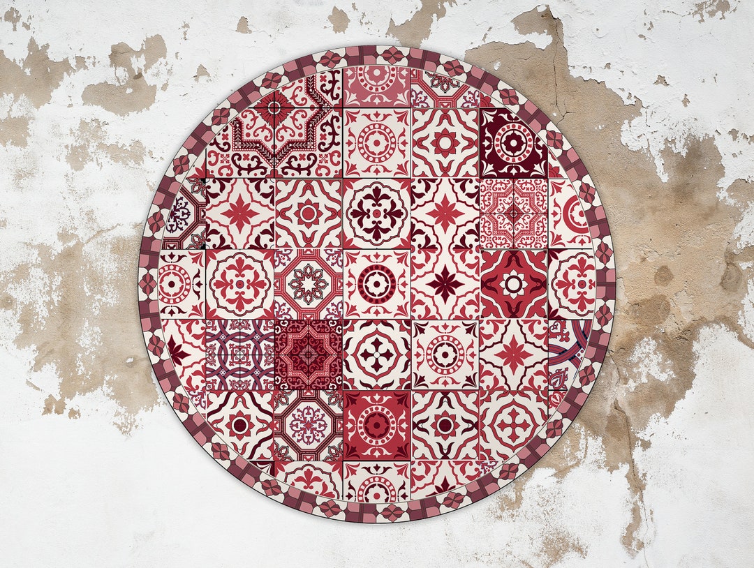 Berry Vinyl Floor Mat, Round Vinyl Mat, Tile Vinyl Mat, Red and White ...