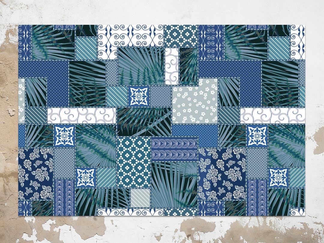 Flowers Patchwork Vinyl Mat, Blue Linoleum Rug, Gray Vinyl Floor Mat ...
