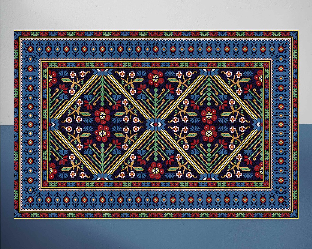Red and Blue Flower in Frame Vinyl Floor Mat, Classical Vinyl Floor Mat ...