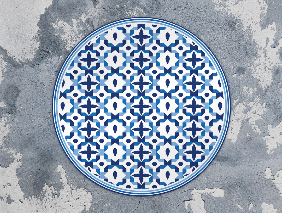 Nija Round Rug, Round Vinyl Mat, Ornament Vinyl Floor Mat, Blue and ...