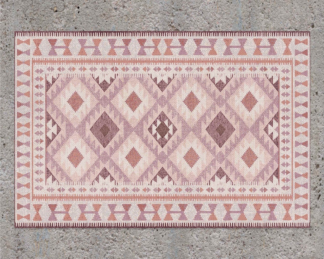 Geometric Vinyl Floor Mat, Ethnic Vinyl Mat, Pink and Orange Vinyl Mat ...