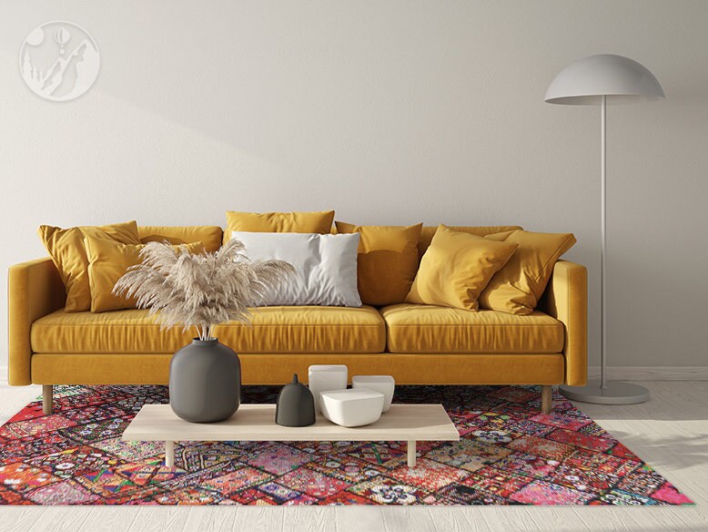 Red Indian Patchwork Tiles Vinyl Mat Red Vinyl Floor Mat | Etsy