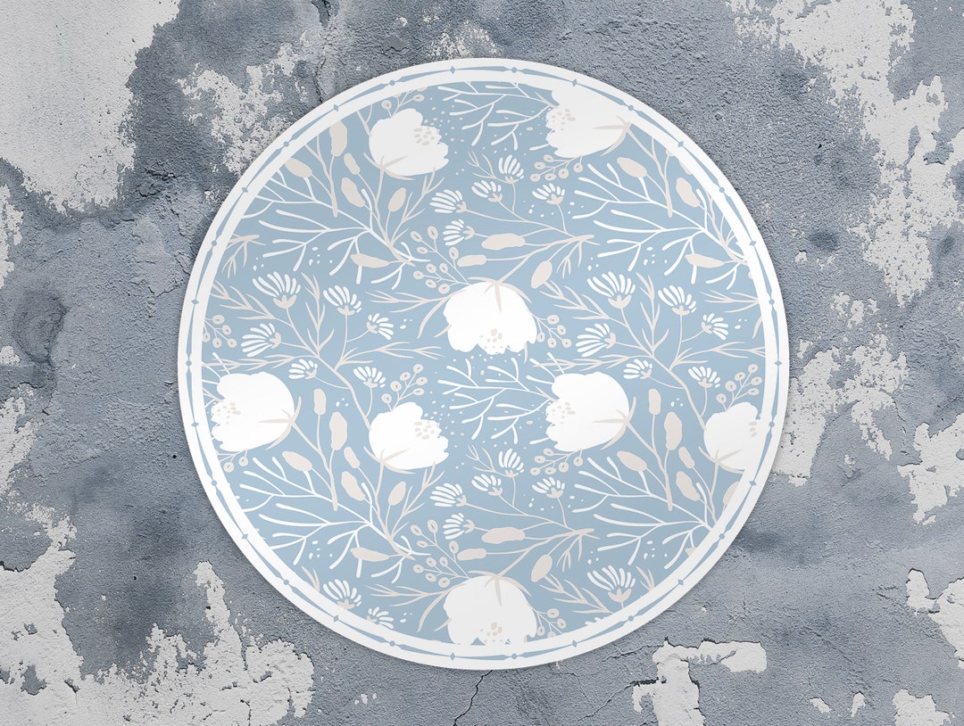 Zephyr Round Rug, Round Vinyl Mat, Flowery Vinyl Floor Mat, Blue and ...