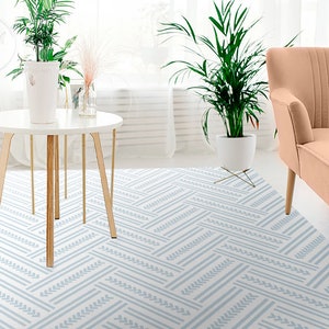 Ornamental Vinyl Mat, Blue Vinyl Rug, White Linoleum Rug, Herringbone ...