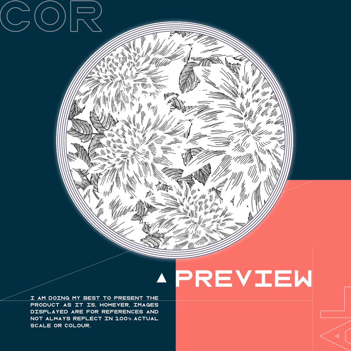 Contour Vinyl Mat, Round Vinyl Mat, Flowery Round Rug, Black and White ...