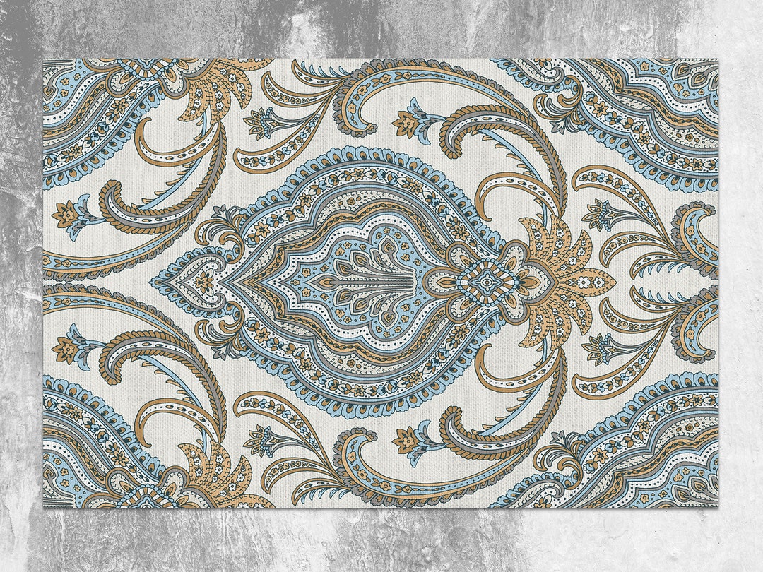 Orient Mint Creamy Vinyl Mat, Blue Vinyl Rug, Beige Linoleum Rug, Retro ...