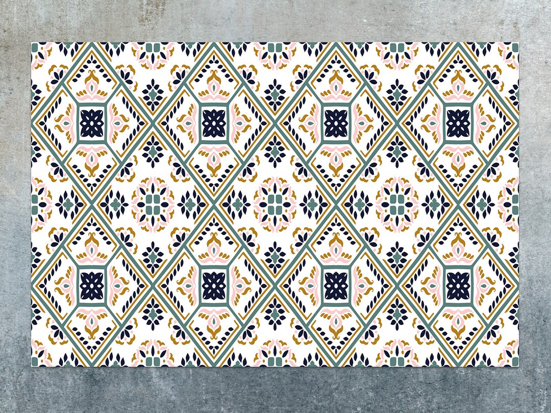 Turkish Ornament Vinyl Mat, Beige Vinyl Floor Mat, Green Vinyl Rug ...