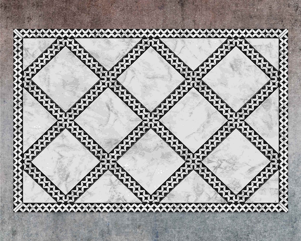 Gray Marble Tiles Chains Frame Vinyl Floor Mat, Marble Vinyl Rug, Gray ...