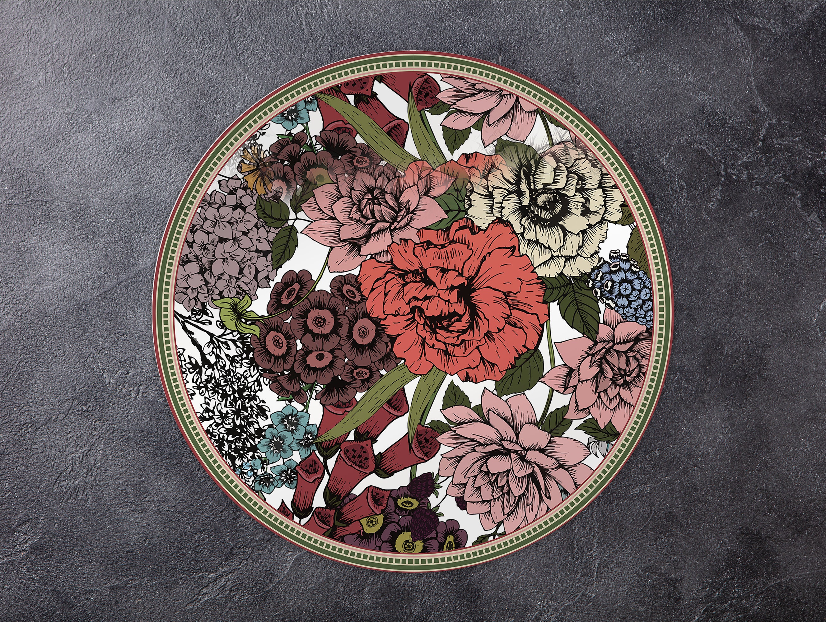 Florina Vinyl Mat, Round Vinyl Mat, Flowery Round Rug, Pink and Red ...
