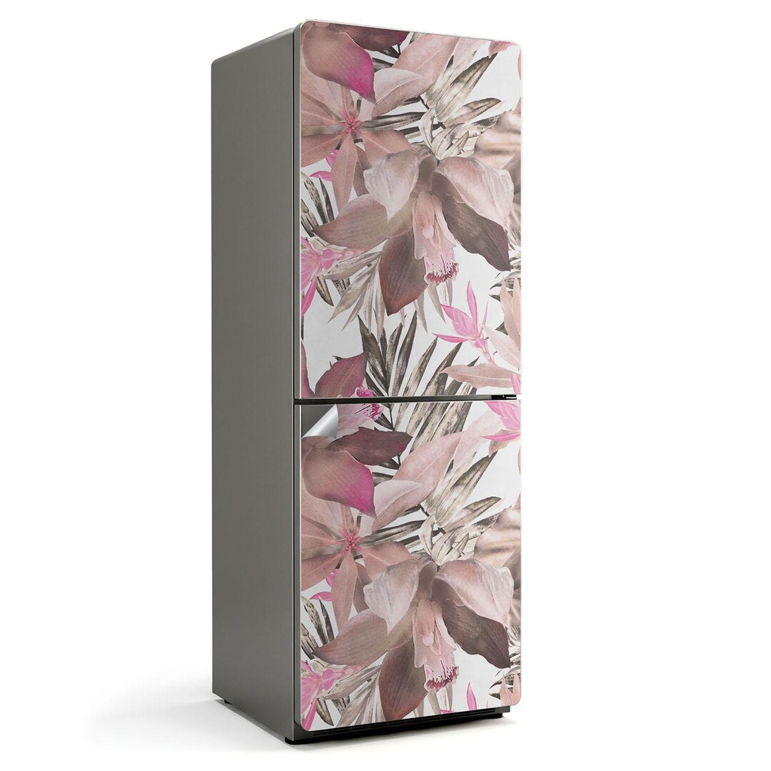 Floral Pattern With Leaves Refrigerator Decal, Pink Fridge Wrap Sticker ...