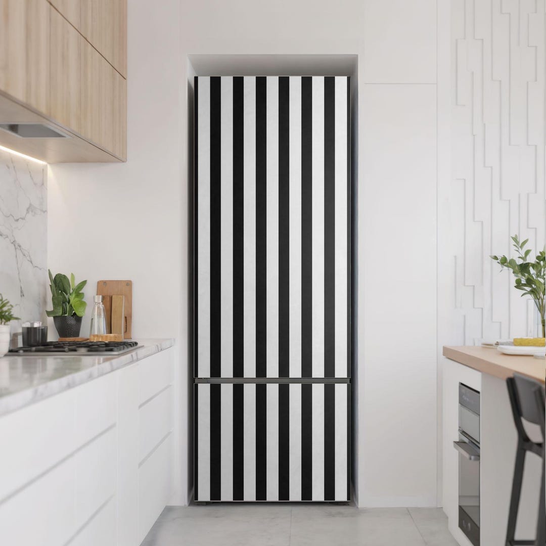Contrasting Vertical Stripes Refrigerator Decal, Black Fridge Wrap ...