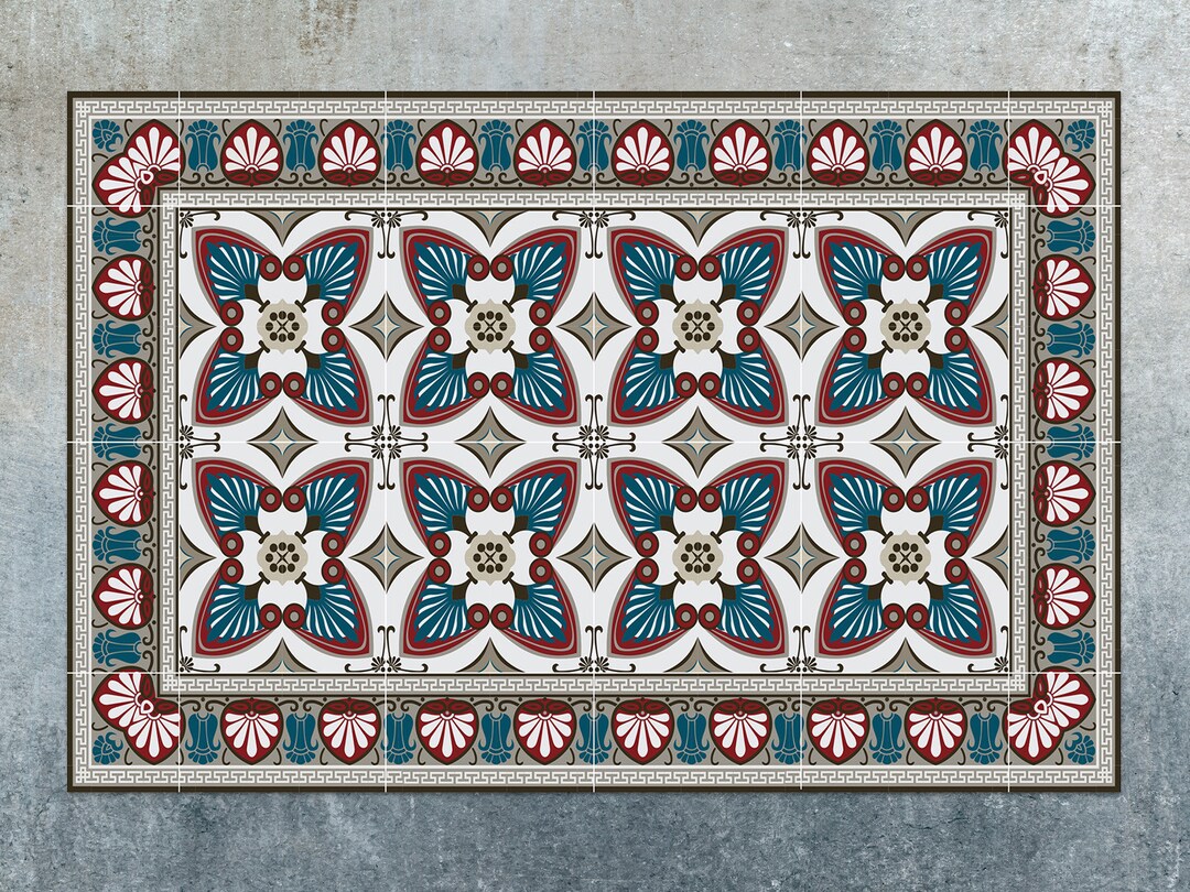 Flowers in the Wild Color Vinyl Mat, Blue Linoleum Rug, Red Vinyl Floor ...