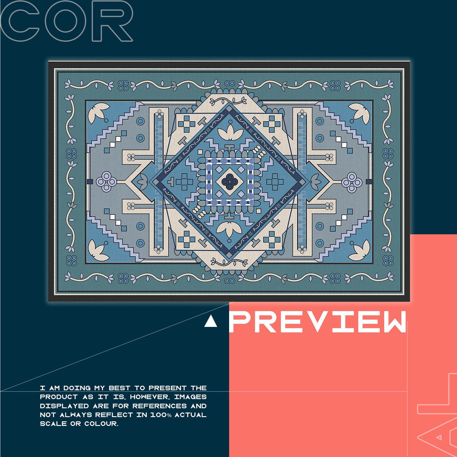 Arabian Night Carpet Vinyl Mat, Blue Vinyl Rug, Turquoise Linoleum Rug ...