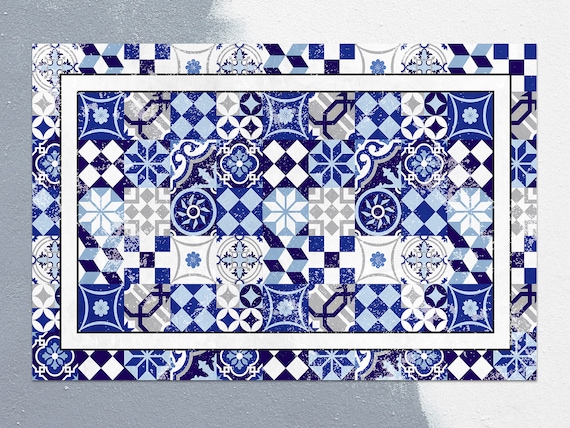 Greek Blue Tile Vinyl Mat Blue Vinyl Floor Mat Beige Vinyl - Etsy