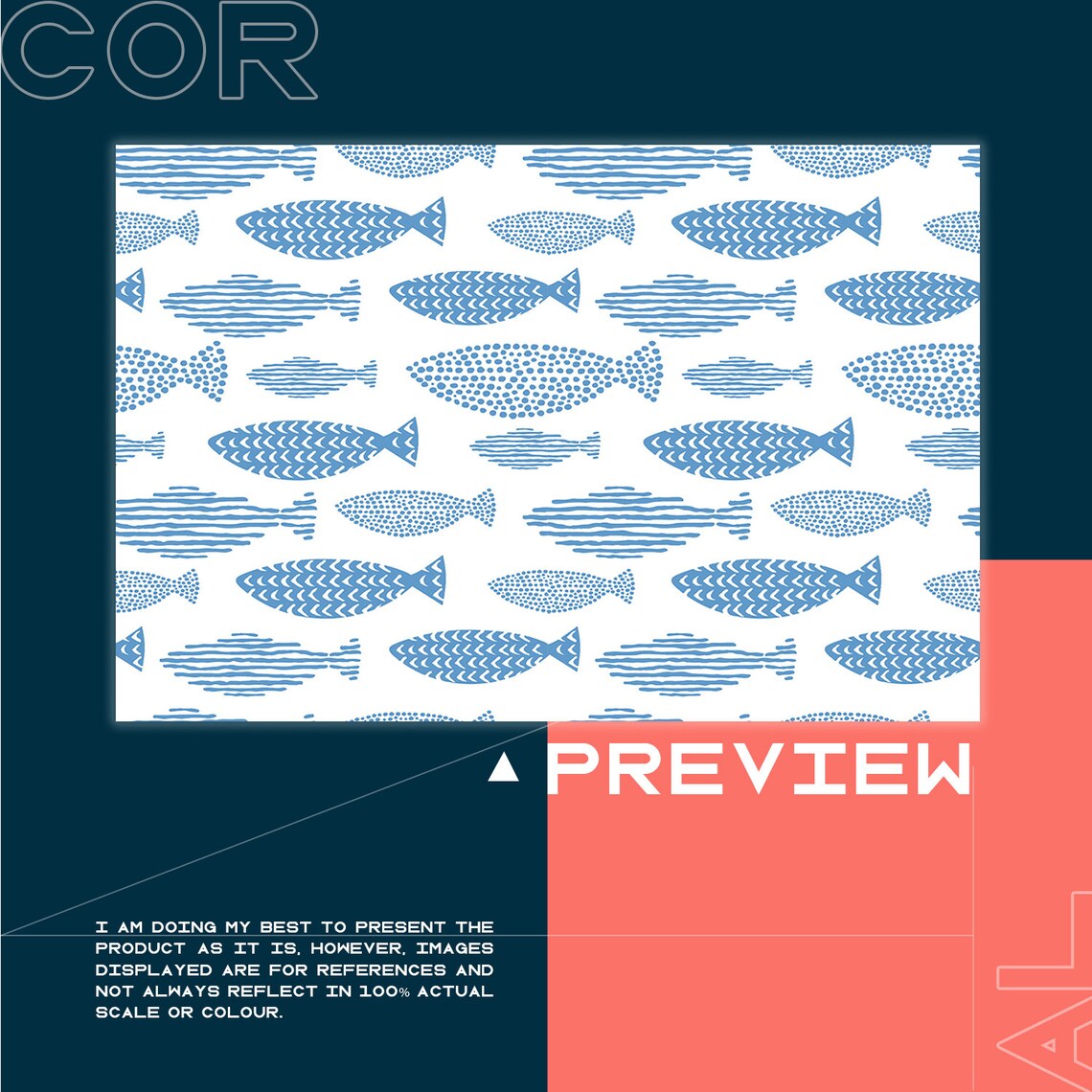 Patterned Flat Blue Fish Vinyl Mat, Blue Linoleum Rug, White Vinyl ...