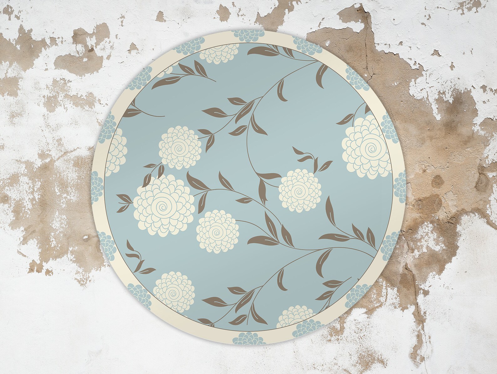 Heirloom Vinyl Floor Mat, Round Vinyl Mat, Flowery Vinyl Mat, Blue and ...